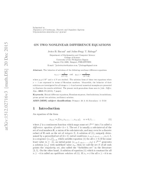 Pdf On Two Nonlinear Difference Equations