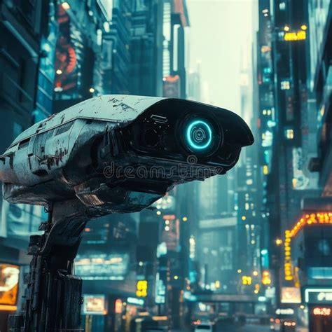 Futuristic Surveillance Camera Overlooking A Cyberpunk Cityscape Stock Illustration