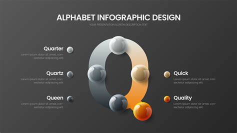 놀라운 벡터 알파벳 5 옵션 인포 그래픽 3d 현실적인 다채로운 공 프리젠 테이션 밝은 멀티 컬러 캐릭터 디자인 일러스트 레이아웃입니다 현대 미술 Q 기호 그래픽 시각화