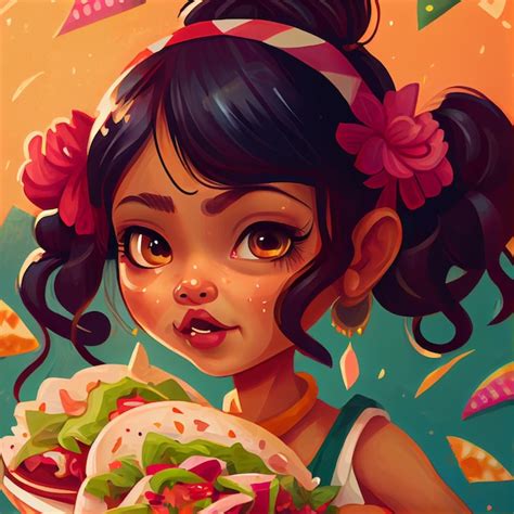 Premium Photo Cute Mexican Girl Eating Tacos Anime Manga Cartoon Style