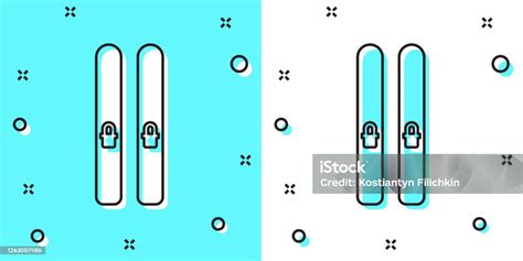 녹색과 흰색 배경에 격리 된 검은 줄 스키와 스틱 아이콘 익스트림 스포츠 스키 장비 겨울 스포츠 아이콘 임의동적 모양 벡터 일러스트레이션 가능성에 대한 스톡 벡터 아트 및