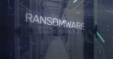 Image Of Ransomware Text Computer Language Electronic Circuit Board Pattern Over Server Room