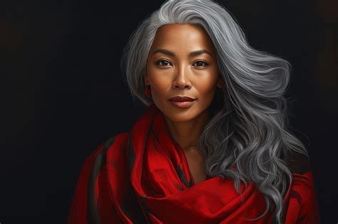 Premium Ai Image Year Asian Woman With Long Gray Hair On Black Background Beauty Concept