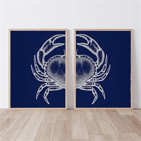 Coastal Crab Diptych Wall Art Set Of 2 Prints Striking Navy Blue