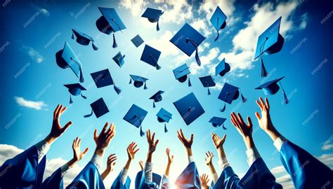 Premium Photo Graduation Caps Flying In Blue Sky
