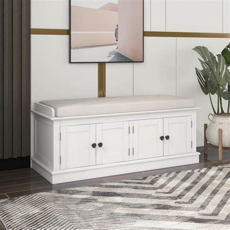 Qualler White Storage Bench With 4 Doors And Adjustable Shelves 17 In