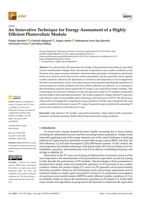 PDF An Innovative Technique For Energy Assessment Of A Highly Efficient Photovoltaic Module
