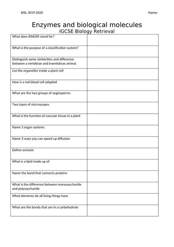 Cie Igcse Biology Retrieval Quizzes With Answers Teaching Resources
