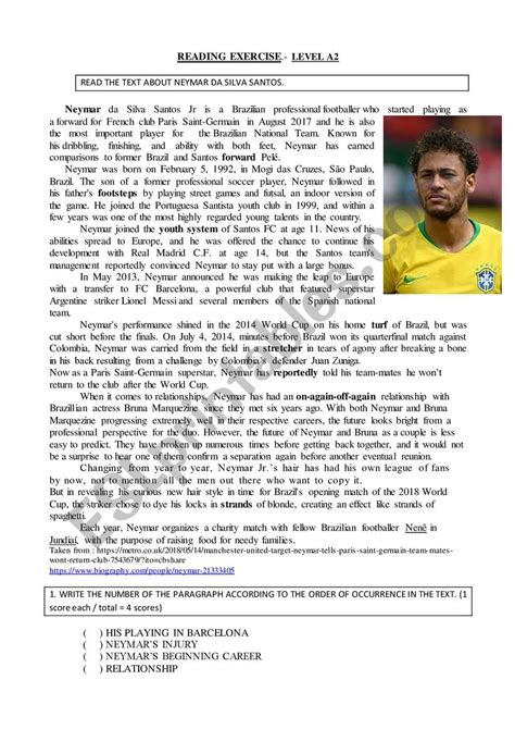 Reading Exercise Neymars Biography Esl Worksheet By Teacher Menna