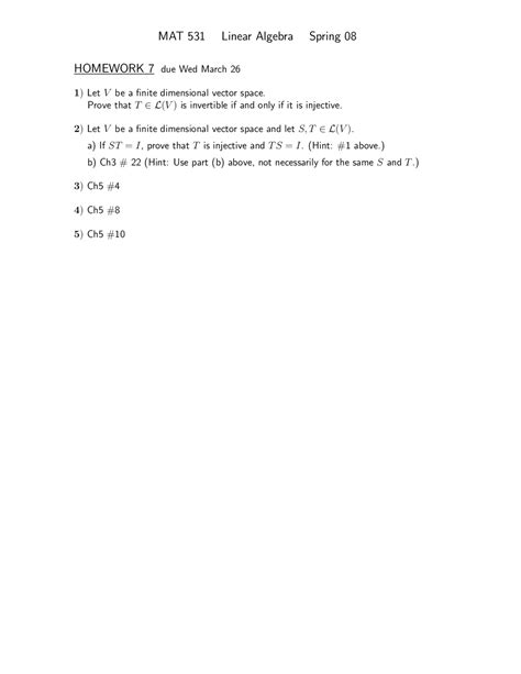 Linear Algebra Homework 7 Spring 2008 Mat 531 Docsity