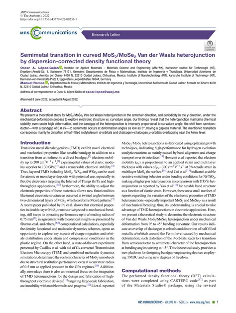 Pdf Semimetal Transition In Curved Mos2 Mose2 Van Der Waals Heterojunction By Dispersion