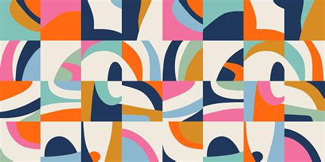 웹 디자인 명함 초대장 포스터 섬유 인쇄를 위한 간단한 모양과 다채로운 팔레트가 있는 세기 중반 기하학적 추상 패턴 1980 1989 년에 대한 스톡 벡터 아트 및 기타