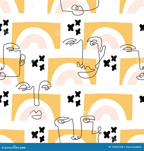 One Line Drawing Abstract Face Seamless Pattern Modern Minimalism Art Aesthetic Contour Stock
