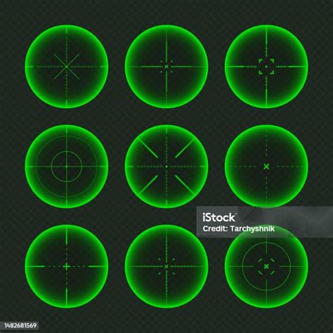 다양한 무기 야간 명소 저격 소총 광학 스코프 십자선이있는 사냥 총 뷰파인더 조준 촬영 마크 기호 군사 대상 표지판 실루엣 게임 Ui 요소입니다 벡터 일러스트 레이 션