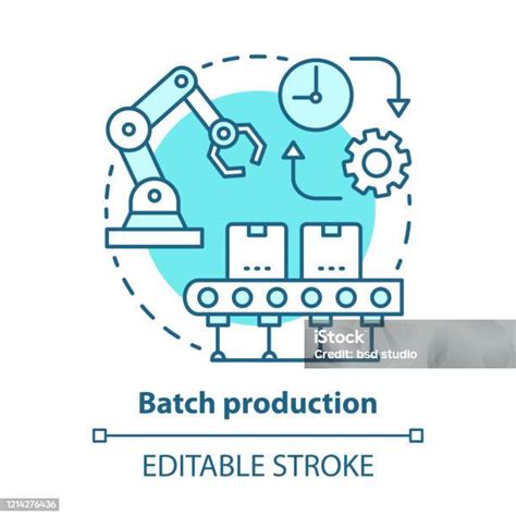 배치 생산 파란색 개념 아이콘입니다 제조 방법 아이디어 얇은 라인 그림 대량 생산 공정 직렬 제조 기계 장비 벡터 절연 윤곽선