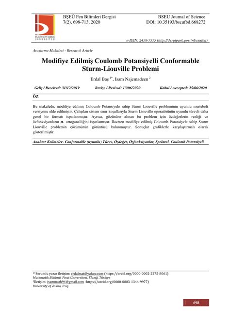 Pdf Modifiye Edilmiş Coulomb Potansiyelli Conformable Sturm Liouville Problemi Conformable