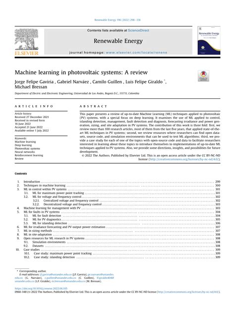 Pdf Machine Learning In Photovoltaic Systems A Review