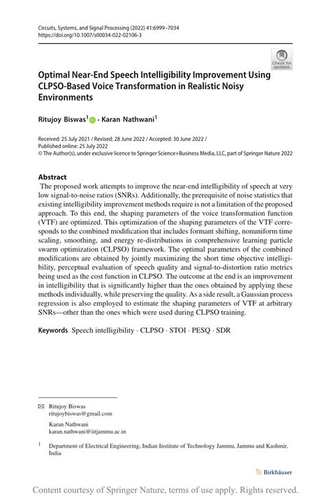 Optimal Near End Speech Intelligibility Improvement Using Clpso Based Voice Transformation In