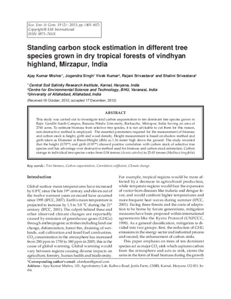 Pdf Standing Carbon Stock Estimation In Different Tree Species Grown In Dry Tropical Forests