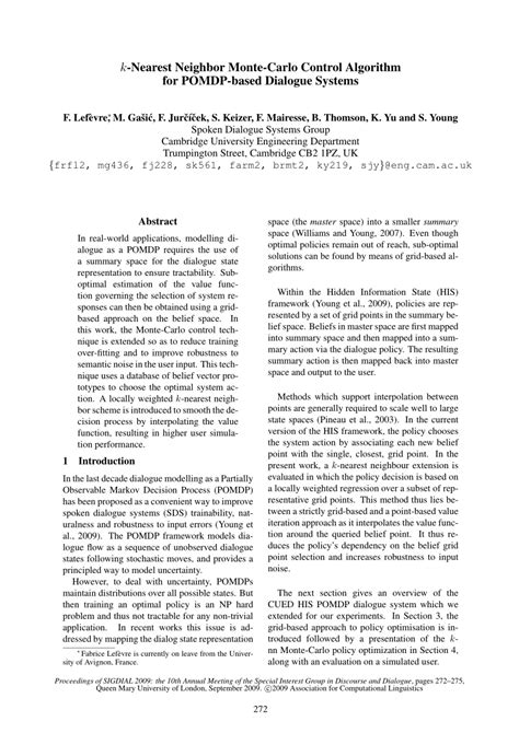 Pdf K Nearest Neighbor Monte Carlo Control Algorithm For Pomdp Based