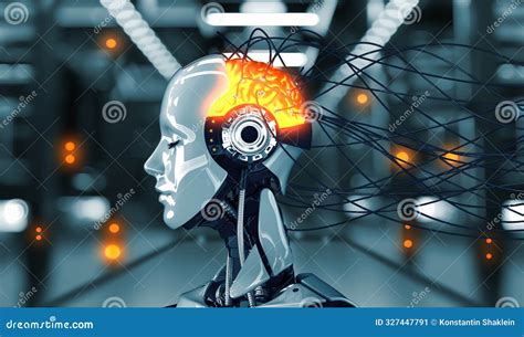 Robotic Woman Cyborg Head With Artificial Neural Networks Brain Neon