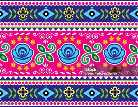 파키스탄 트럭 아트 원활한 벡터 패턴 인도 꽃 활기찬 디자인 꽃과 추상적 인 모양의 네이비 블루와 핑크 장식 0명에 대한 스톡 벡터 아트 및 기타 이미지 Istock