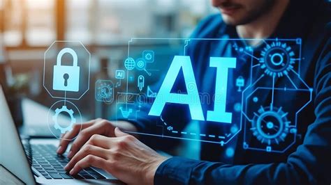 Man Using Laptop With Ai And Cybersecurity Elements Representing