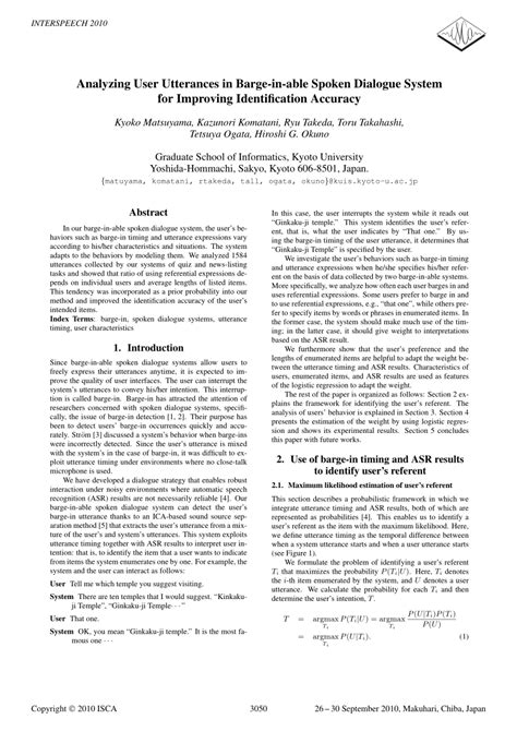 Pdf Interspeech 2010 Analyzing User Utterances In Barge In Able Spoken Dialogue System For