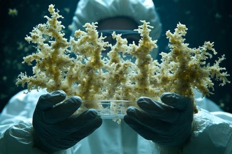 Researcher In Protective Gear Holding Coral Samples In A High Tech Lab