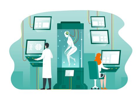 Humanoid Robot In Science Laboratory With Scientist Working On Computer Artificial Intelligence