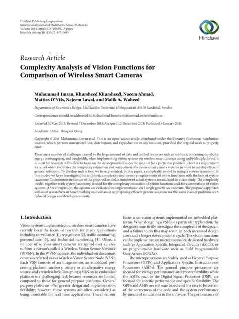 Pdf Complexity Analysis Of Vision Functions For Comparison Of Wireless Smart Cameras