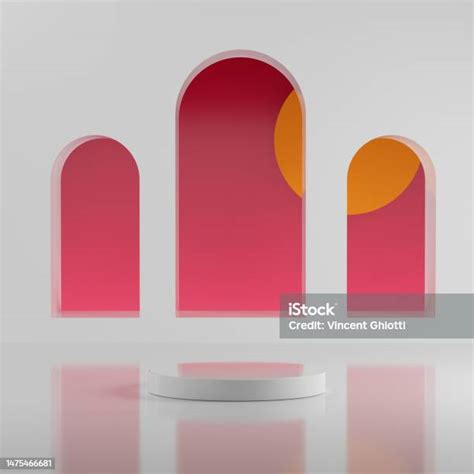 추상적인 개념은 하늘 장면이 있는 깨끗한 흰색과 빨간색으로 제품에 대한 연단을 조롱합니다 무대에 대한 스톡 사진 및 기타 이미지