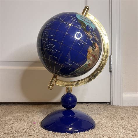 Vintage Blue Lapis World Globe With Semiprecious Gemstones On Brass
