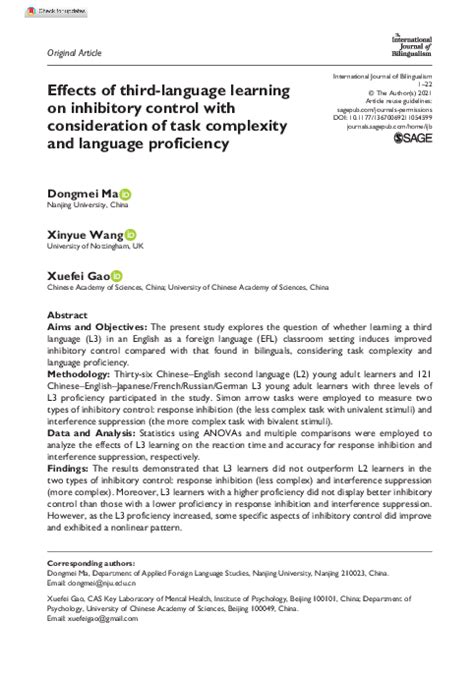 Pdf Effects Of Third Language Learning On Inhibitory Control With Consideration Of Task