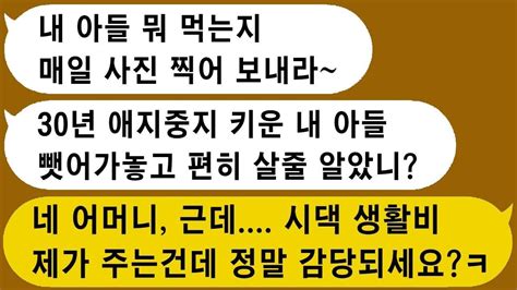 시어머니가 남편에게 차려주는 밥상을 사진으로 찍어서 매일 보여주라고 하길래 아들을 빼앗겨서 서럽다고 시집살이를 시켰더니 저도 똑같이 복수했어요 Youtube