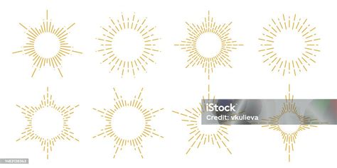 황금빛 햇살 프레임 컬렉션입니다 레트로 골드 태양 광선 팩 빈티지 방사형 광선 태양 광선 불꽃 놀이 또는 엠블럼 로고 태그 스탬프 배너 스티커에 대한 폭발 벡터 디자인 요소