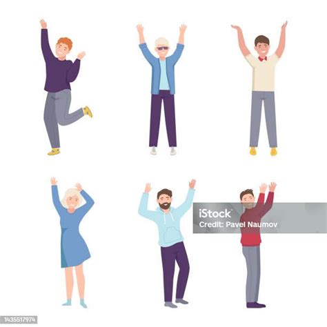 즐거운 사람들 캐릭터 손을 들어 무언가에 대해 응원 벡터 일러스트 레이 션 세트 남자에 대한 스톡 벡터 아트 및 기타 이미지 남자 벡터 집어들기 Istock