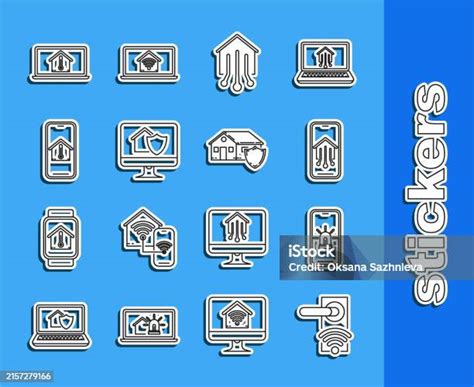 잠금 해제 휴대 전화 스마트 하우스 및 알람 가정 스마트 컴퓨터 모니터 보호 온도 노트북 및 집 아이콘을위한 무선 기술이 적용된 디지털 도어록을 설정합니다 벡터 Brand