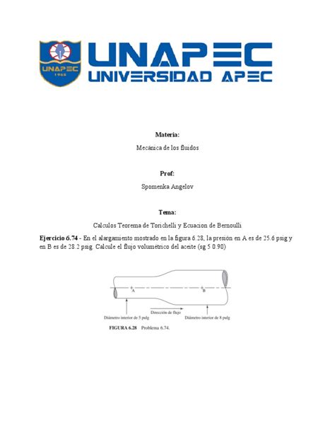 Calculos Teorema De Torichelli Y Ecuacion De Bernoulli Pdf