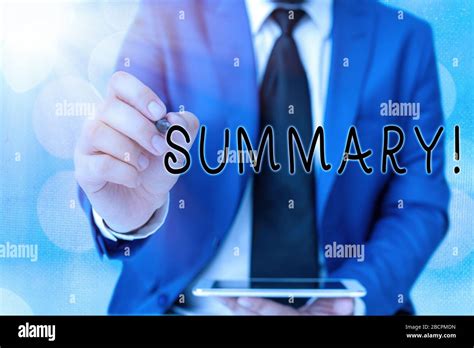 Word Writing Text Summary Business Photo Showcasing Brief Statement Or Account Of Main Points
