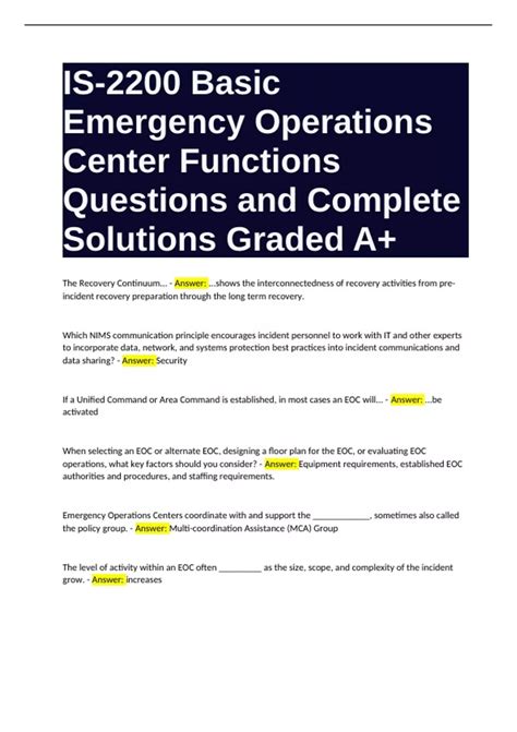 IS Basic Emergency Operations Center Functions Questions And Complete Answers Graded A IS