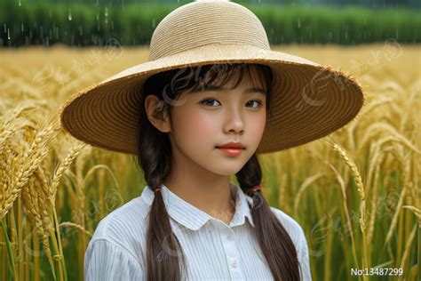戴着草帽站在小麦田里的亚洲女孩高清图片下载 红动中国