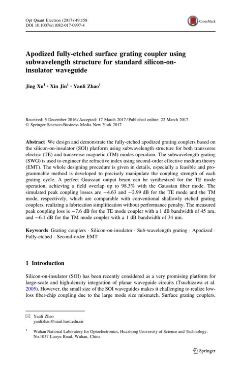 Pdf Apodized Fully Etched Surface Grating Coupler Using Subwavelength Structure For Standard
