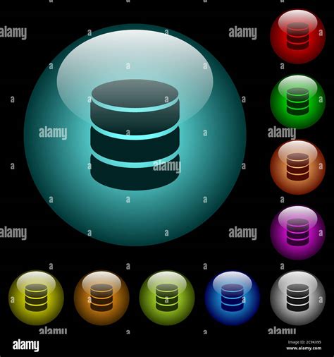 Single Database Icons In Color Illuminated Spherical Glass Buttons On Black Background Can Be