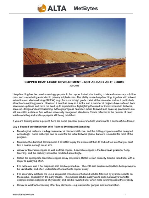 Alta Metbytes Copper Heap Leach Development Not As Easy As It Looks Pdf
