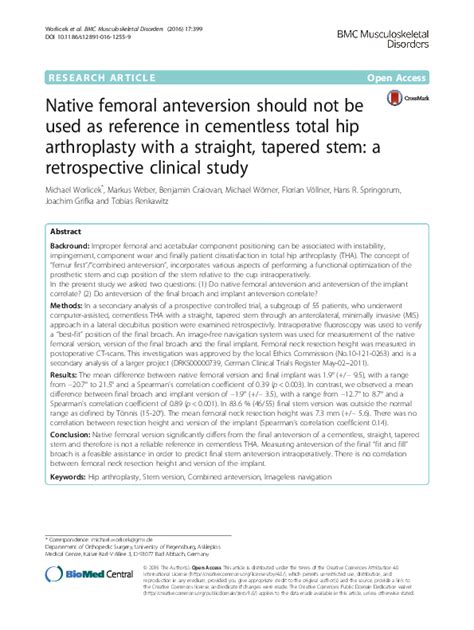 Pdf Native Femoral Anteversion Should Not Be Used As Reference In Cementless Total Hip