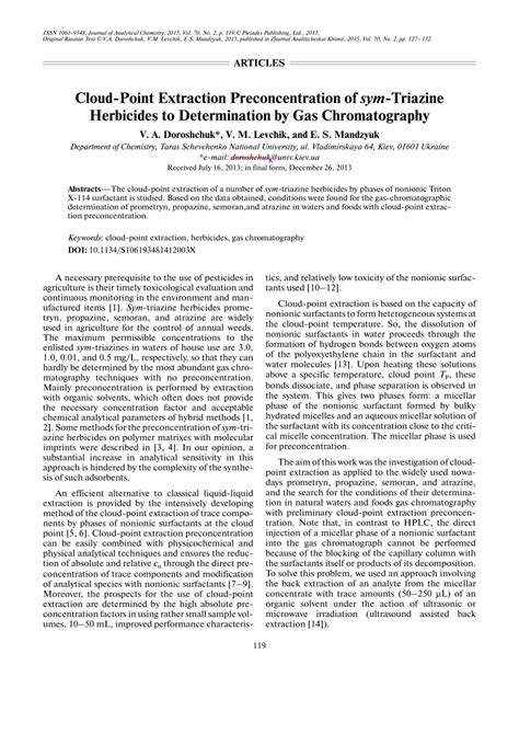 Pdf Cloud Point Extraction Preconcentration Of Sym Triazine Herbicides To Determination By Gas