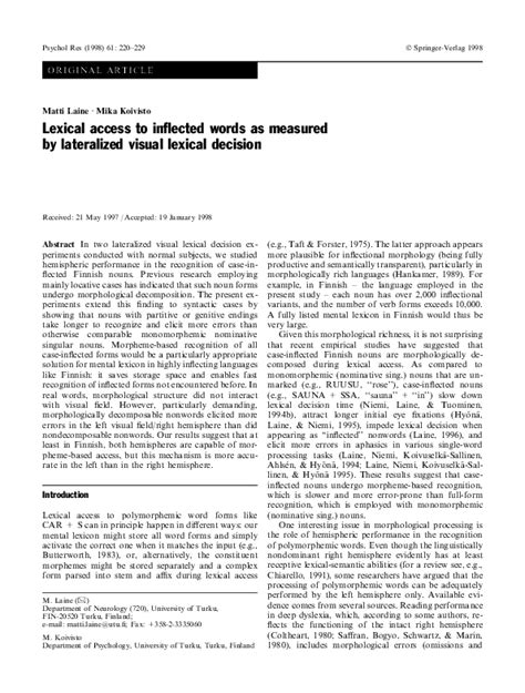 Pdf Lexical Access To Inflected Words As Measured By Lateralized