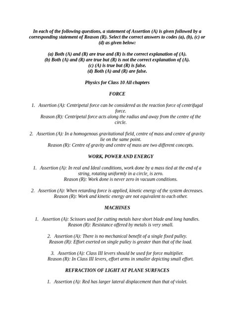 Assertion Reason Based Questions Pdf Mirror Optics
