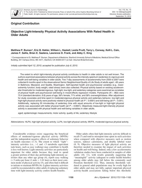 Pdf Objective Light Intensity Physical Activity Associations With Rated Health In Older Adults